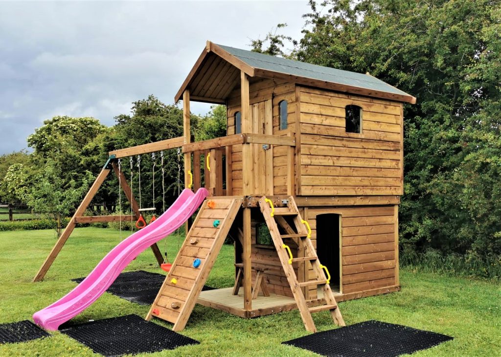 Tree house swing set play shop slide rock wall