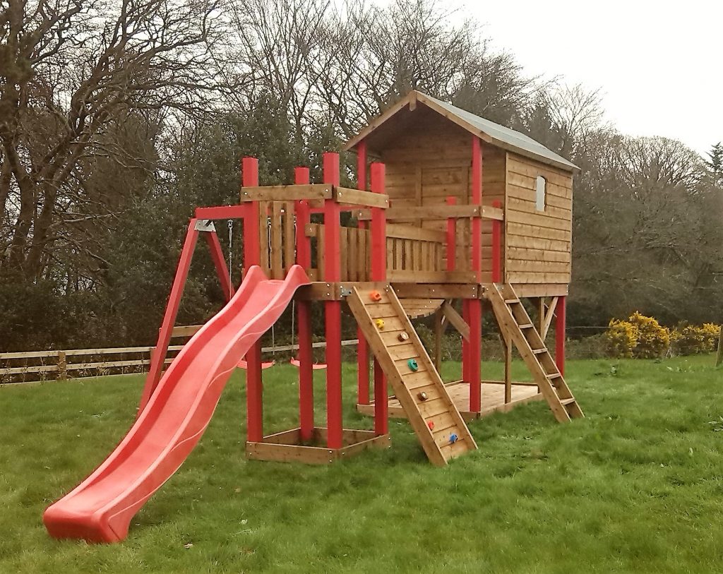 Tree house slide climbing wall swings ladder chain bridge